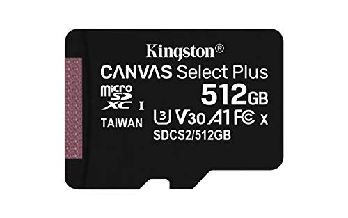 Kingston 512GB microSDXC Canvas Select Plus 100MB/s Read A1 Class UHS-I Memory Card + Adapter (SDCS2/512GB)