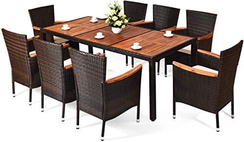 HAPPYGRILL 9 Pieces Patio Dining Set Outdoor Rattan Wicker Dining Set with Cushions, Garden Dining Table Chairs Set with Acacia Wood Table Top & Armrest