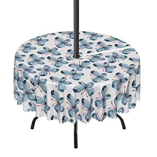 Lirduipu Butterfly Pattern Round Outdoor Tablecloth,Round Tablecloth with Umbrella Hole and Zipper for Patio Garden,Waterproof Spill-Proof,for Outdoor Table with Umbrella(52" Round,Blue Red)