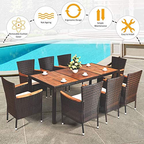 HAPPYGRILL 9 Pieces Patio Dining Set Outdoor Rattan Wicker Dining Set with Cushions, Garden Dining Table Chairs Set with Acacia Wood Table Top & Armrest