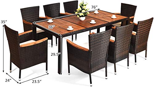 HAPPYGRILL 9 Pieces Patio Dining Set Outdoor Rattan Wicker Dining Set with Cushions, Garden Dining Table Chairs Set with Acacia Wood Table Top & Armrest