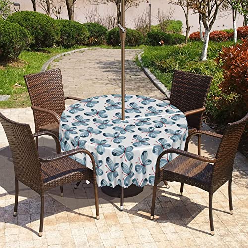 Lirduipu Butterfly Pattern Round Outdoor Tablecloth,Round Tablecloth with Umbrella Hole and Zipper for Patio Garden,Waterproof Spill-Proof,for Outdoor Table with Umbrella(52" Round,Blue Red)
