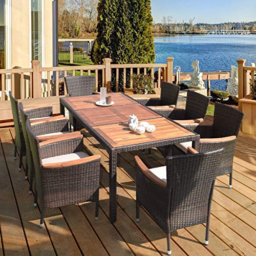 HAPPYGRILL 9 Pieces Patio Dining Set Outdoor Rattan Wicker Dining Set with Cushions, Garden Dining Table Chairs Set with Acacia Wood Table Top & Armrest