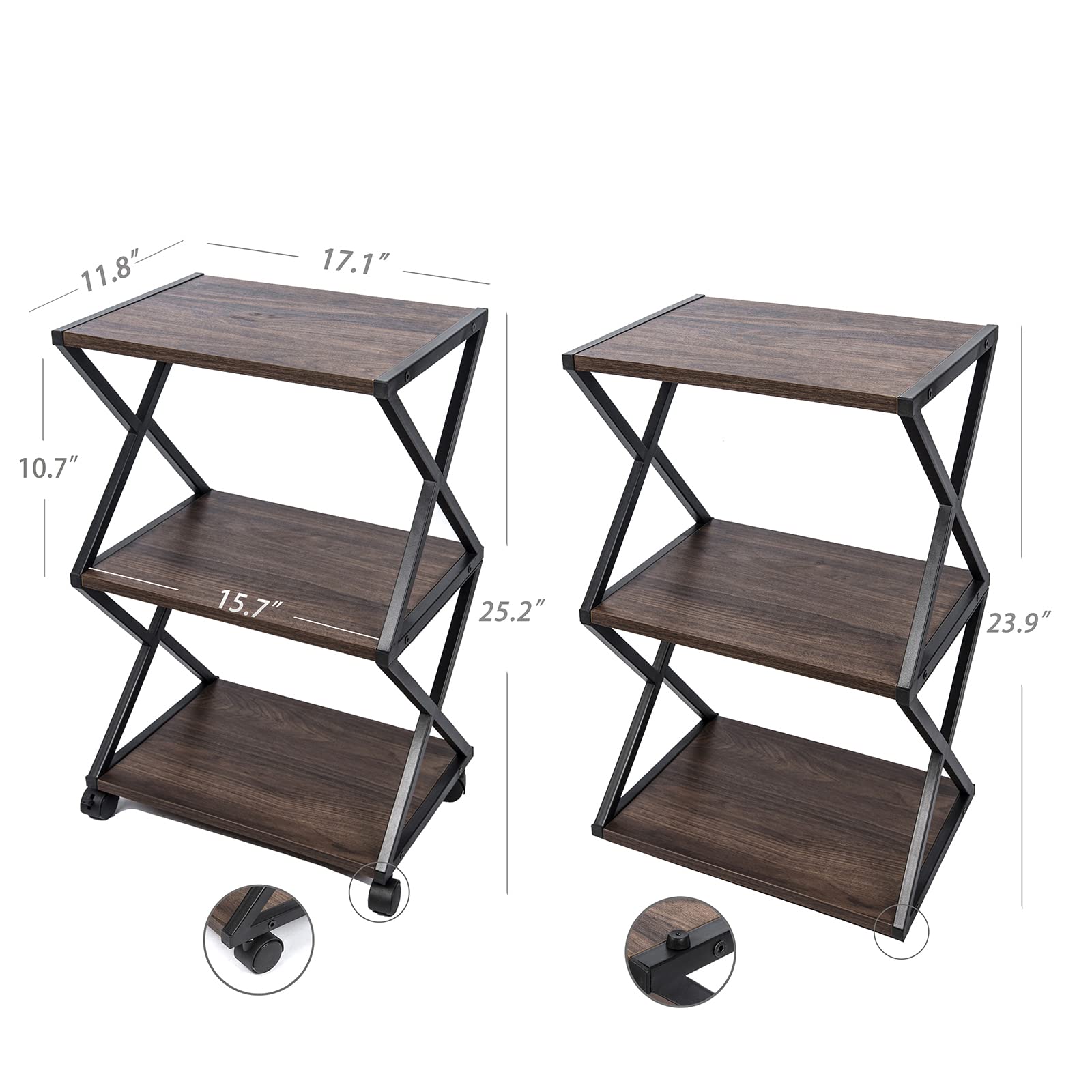 NOZE 3 Tiers Mobile Printer Stand Rolling Printer Cart with Wheels Industrial Machine Storage Shelf Wood and Metal Desk Printer Table for Home Office, Dark Walnut…