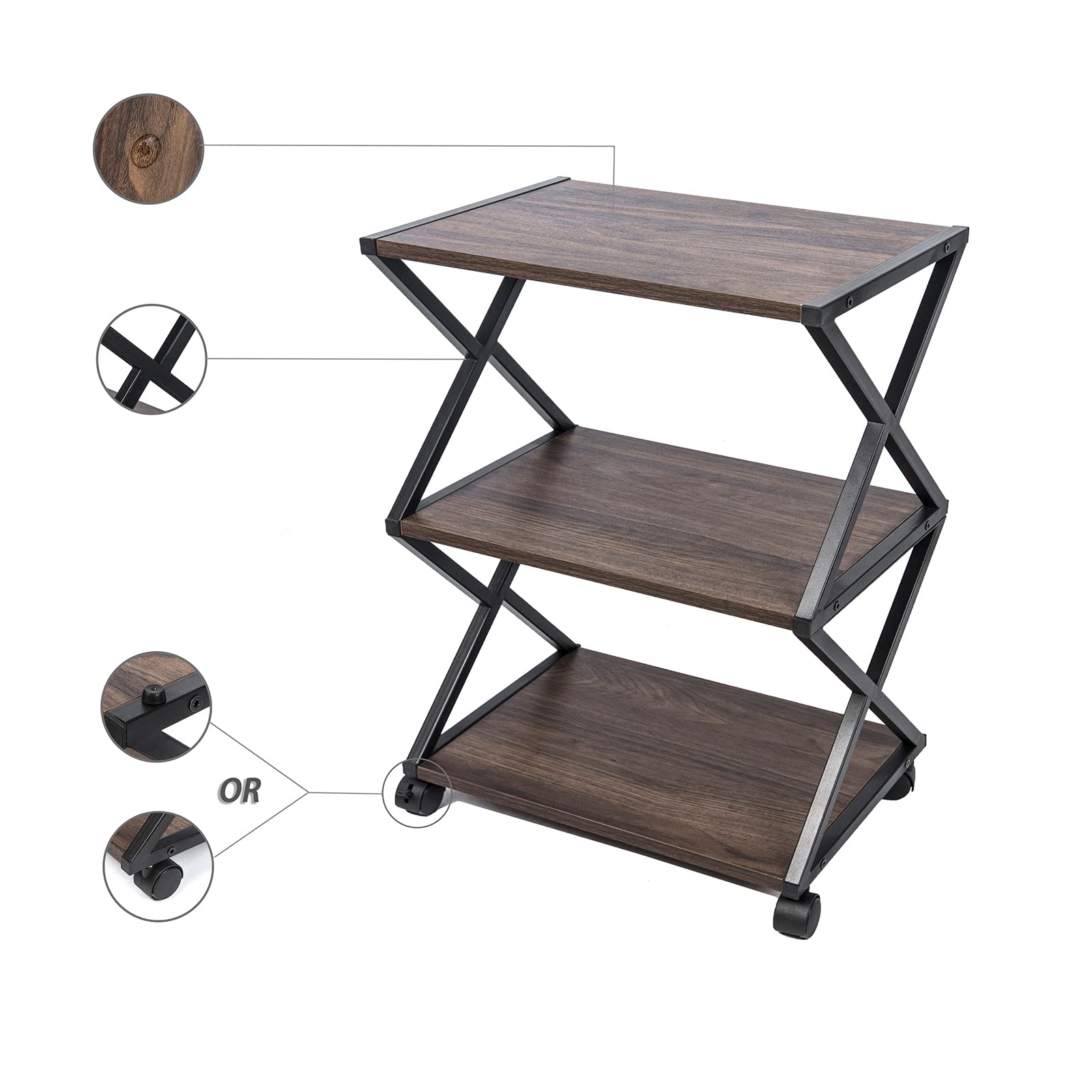 NOZE 3 Tiers Mobile Printer Stand Rolling Printer Cart with Wheels Industrial Machine Storage Shelf Wood and Metal Desk Printer Table for Home Office, Dark Walnut…