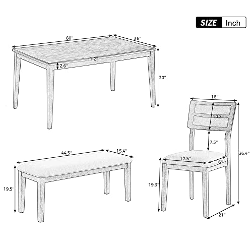 Goozio 6 Piece Dining Table Set,Wood Dining Table and 4 Upholstered Chairs and Bench with Cushion, Classic Traditional Style Kitchen Table Set for 6 Person,White+Gray