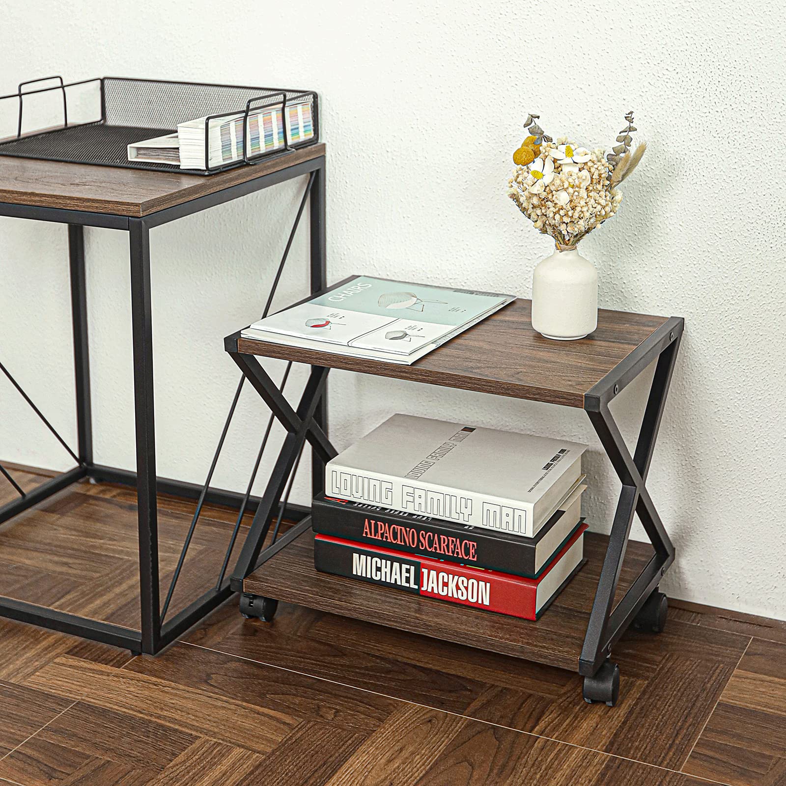 NOZE 3 Tiers Mobile Printer Stand Rolling Printer Cart with Wheels Industrial Machine Storage Shelf Wood and Metal Desk Printer Table for Home Office, Dark Walnut…
