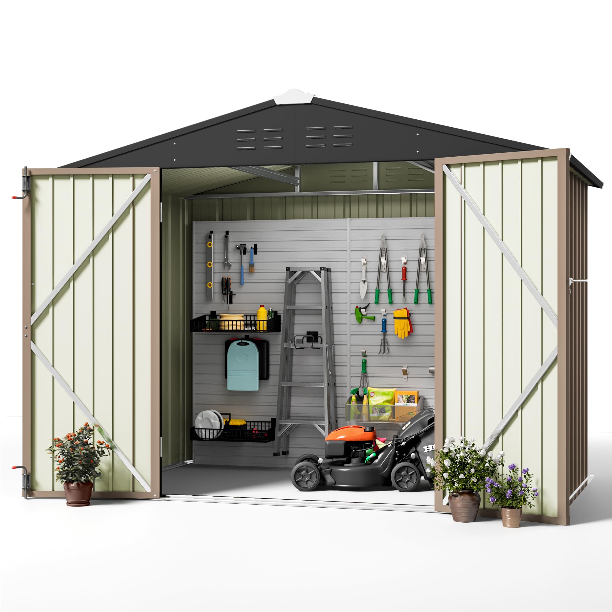 Greesum Metal Outdoor Storage Shed 8FT x 6FT, Steel Utility Tool Shed Storage House with Door & Lock, Metal Sheds Outdoor Storage for Backyard Garden Patio Lawn (8’x 6'), Brown