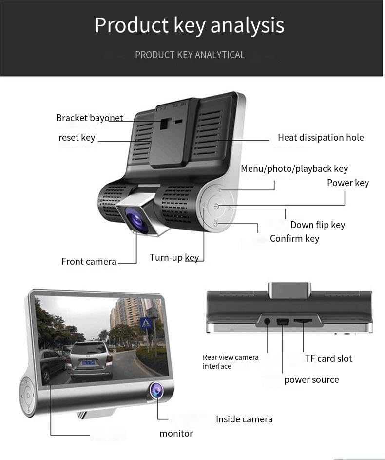 3-Channel Dash Cam with Front and Rear Inside Views, 1080P Full HD with 170-degree Wide-Angle Lens, IR Night Vision, Loop Recording, Reverse Assist, and 24-Hour Parking Recording.