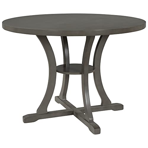 Goozio 5-Piece Round Dining Table and 4 Fabric Chairs with Special-Shaped Table Legs and Storage Shelf,Gray