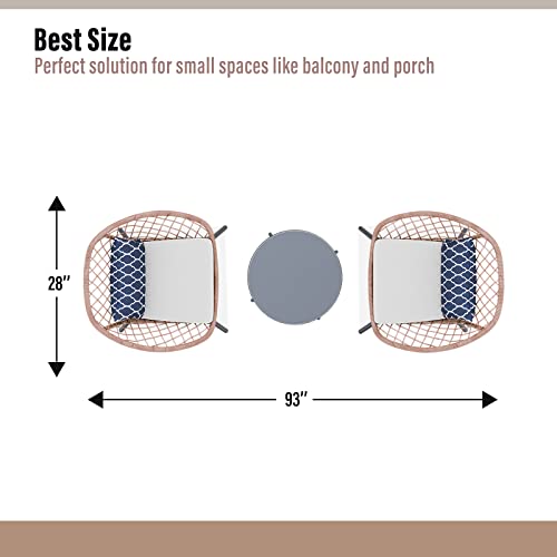 LAUSAINT HOME 3 Piece Patio Bistro Set, Outdoor Wicker Patio Furniture Sets with 2 Wide Chairs and Coffee Table, All-Weather Patio Conversation Set with Diamond Weave Design for Backyard, Balcony