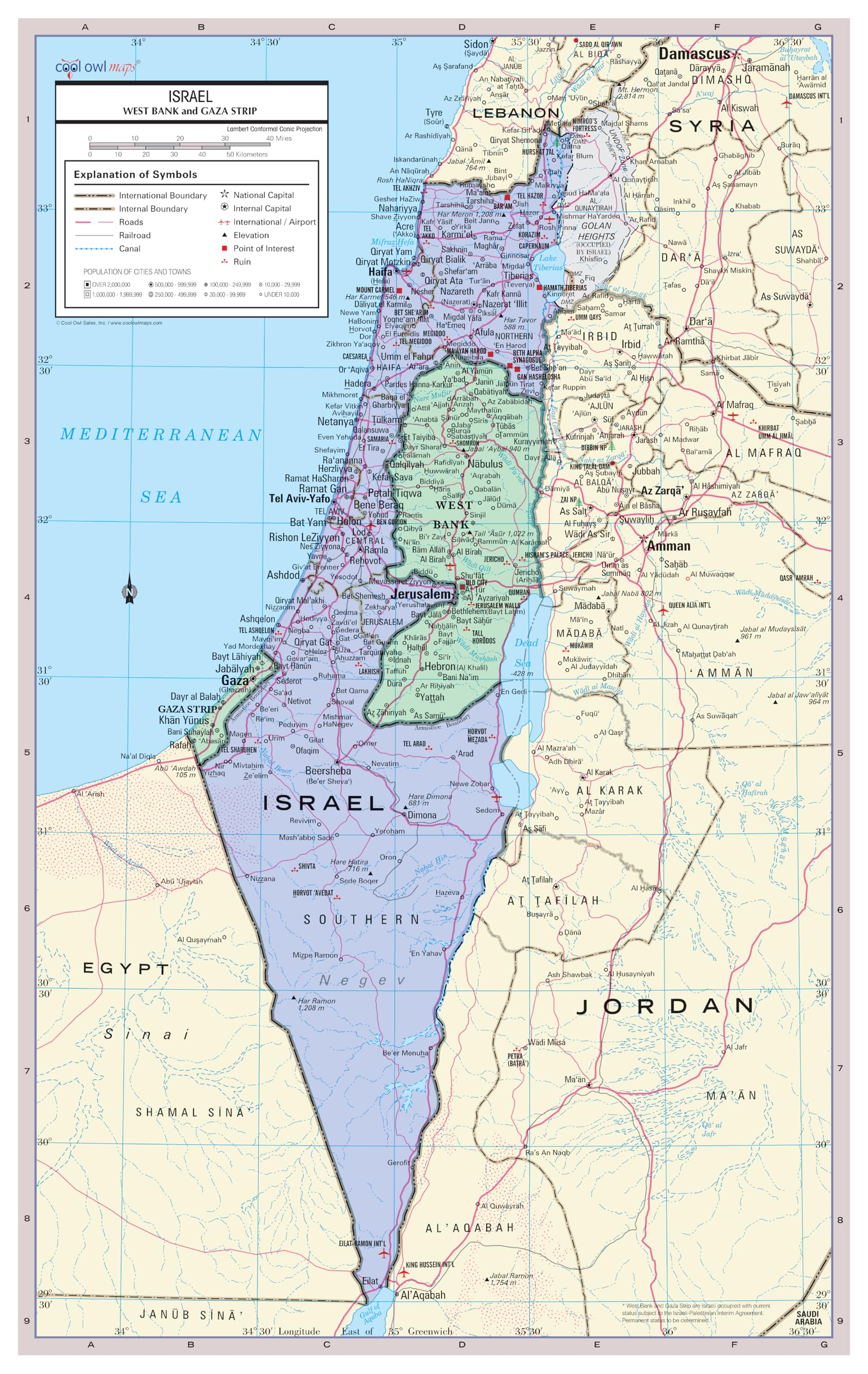Israel with West Bank and Gaza Strip disputed territories - Detailed Political Wall Map Poster Large Print Rolled 24W"x38"H - Laminated