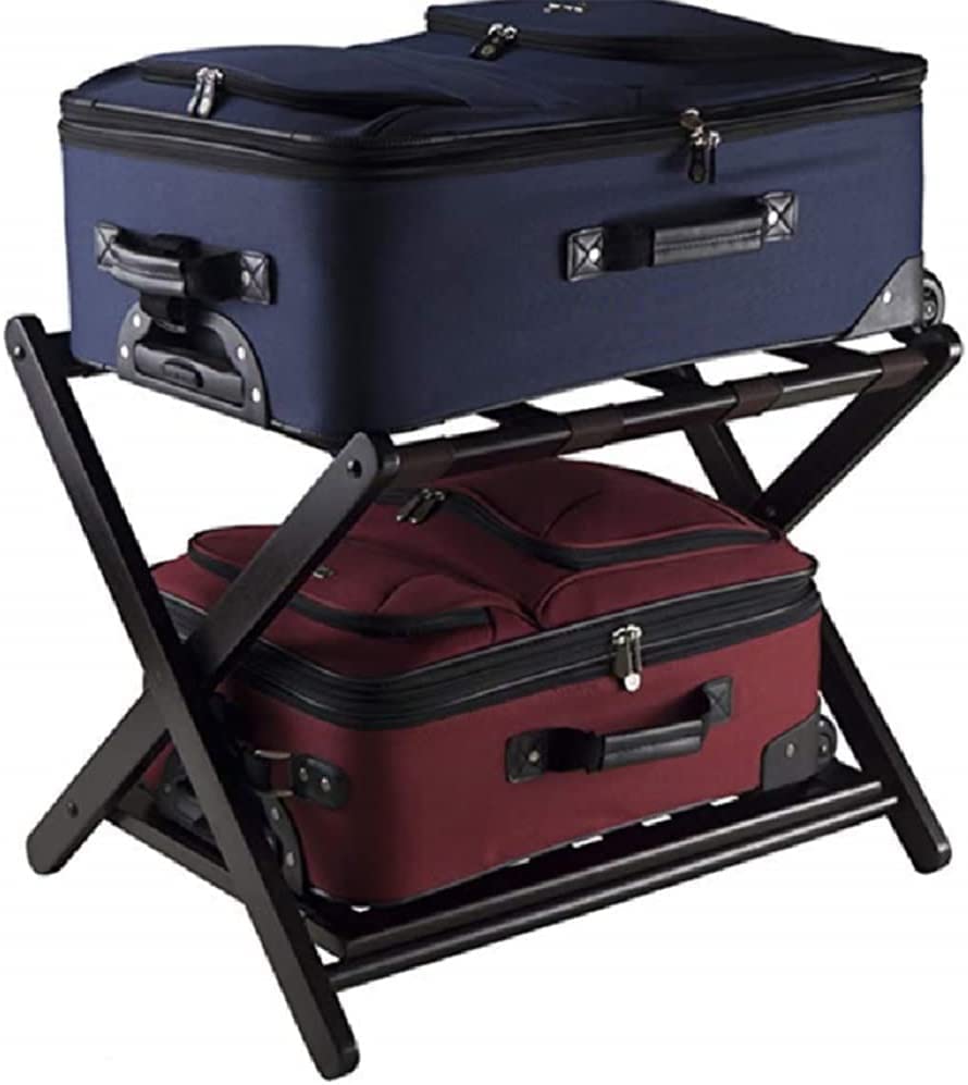 Guest Room Luggage Rack, Folding Suitcase Stand Luggage Rack, Solid Wood Multifunctional Clothes Rack Foldable 2 Tiered Suitcase Rack with Easy Assembly for Hotel Apartment (Color : Black, Size : 60x5
