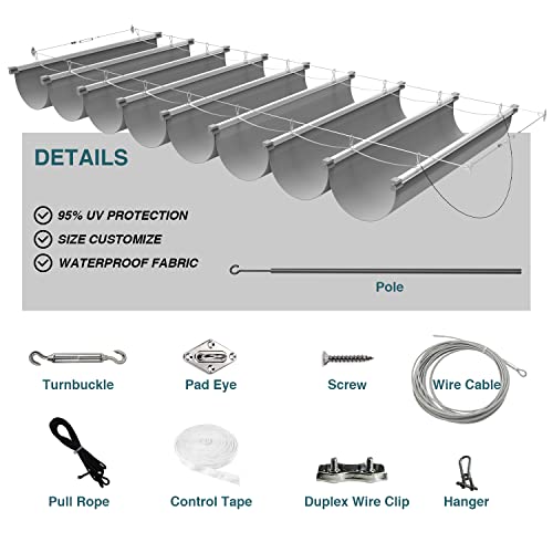 ECOOPTS 3'x16' Retractable Water-Resistant Wave Sun Shade Canopy Pergola Cover Shade Sail Awning for Outdoor Patio Porch Garden Deck Backyard (Light Grey)