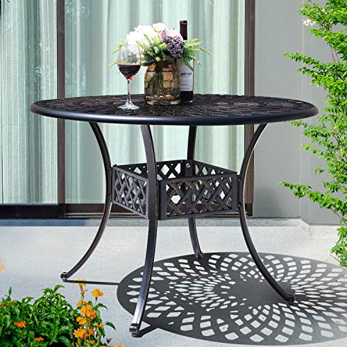 Nuu Garden 42 Inch Patio Dining Table Round Cast Aluminum Bistro Table with Umbrella Hole for Backyard Garden Black with Antique Bronze at The Edge