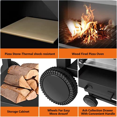 Wood Fired Outdoor Pizza Oven for Outside,Large Pizza Oven with 4 Steel Pizza Grill,Freestanding Steel Oven with 2 Wheels for Kitchen BBQ Backyard Party