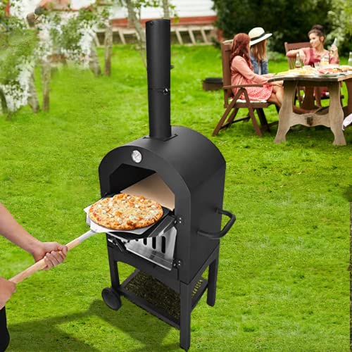 Wood Fired Outdoor Pizza Oven for Outside,Large Pizza Oven with 4 Steel Pizza Grill,Freestanding Steel Oven with 2 Wheels for Kitchen BBQ Backyard Party