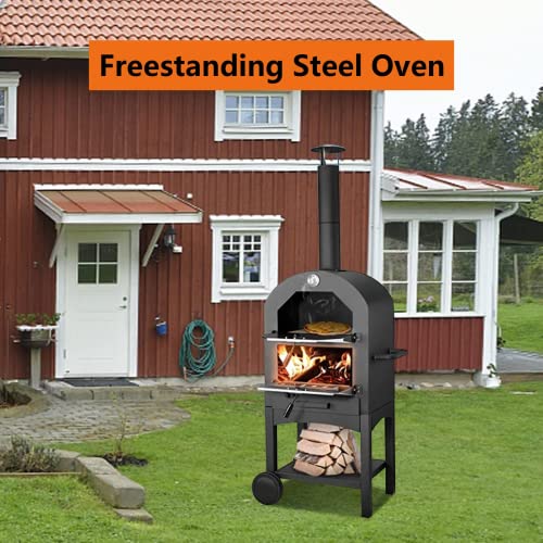Wood Fired Outdoor Pizza Oven for Outside,Large Pizza Oven with 4 Steel Pizza Grill,Freestanding Steel Oven with 2 Wheels for Kitchen BBQ Backyard Party