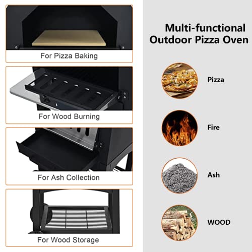 Wood Fired Outdoor Pizza Oven for Outside,Large Pizza Oven with 4 Steel Pizza Grill,Freestanding Steel Oven with 2 Wheels for Kitchen BBQ Backyard Party
