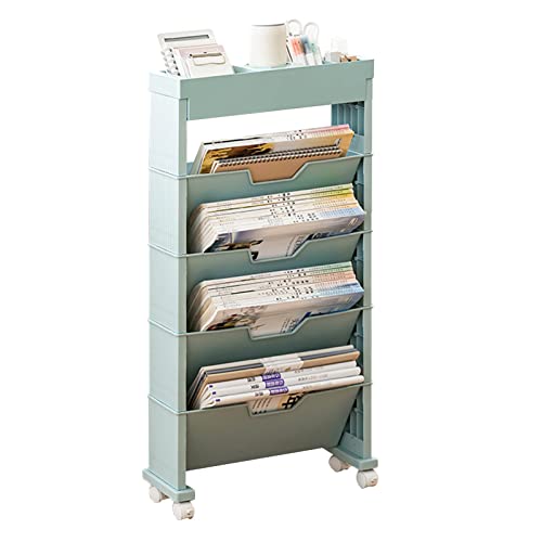 BFYDOAA 5 Tier Rolling Organizer Cart,Mobile Bookcase with Wheels Movable Bookshelf Cart with Drawers for Classroom School Bedroom Groceries Office(Blue)