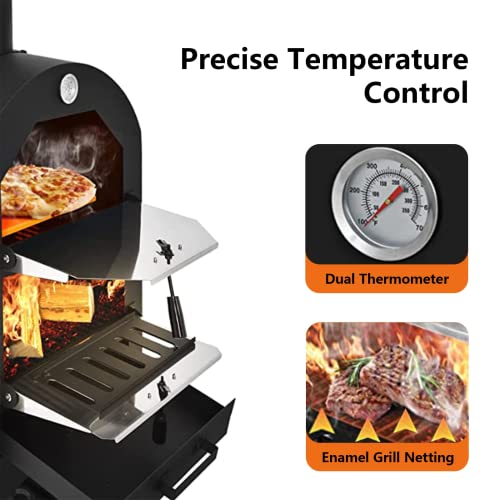 Wood Fired Outdoor Pizza Oven for Outside,Large Pizza Oven with 4 Steel Pizza Grill,Freestanding Steel Oven with 2 Wheels for Kitchen BBQ Backyard Party