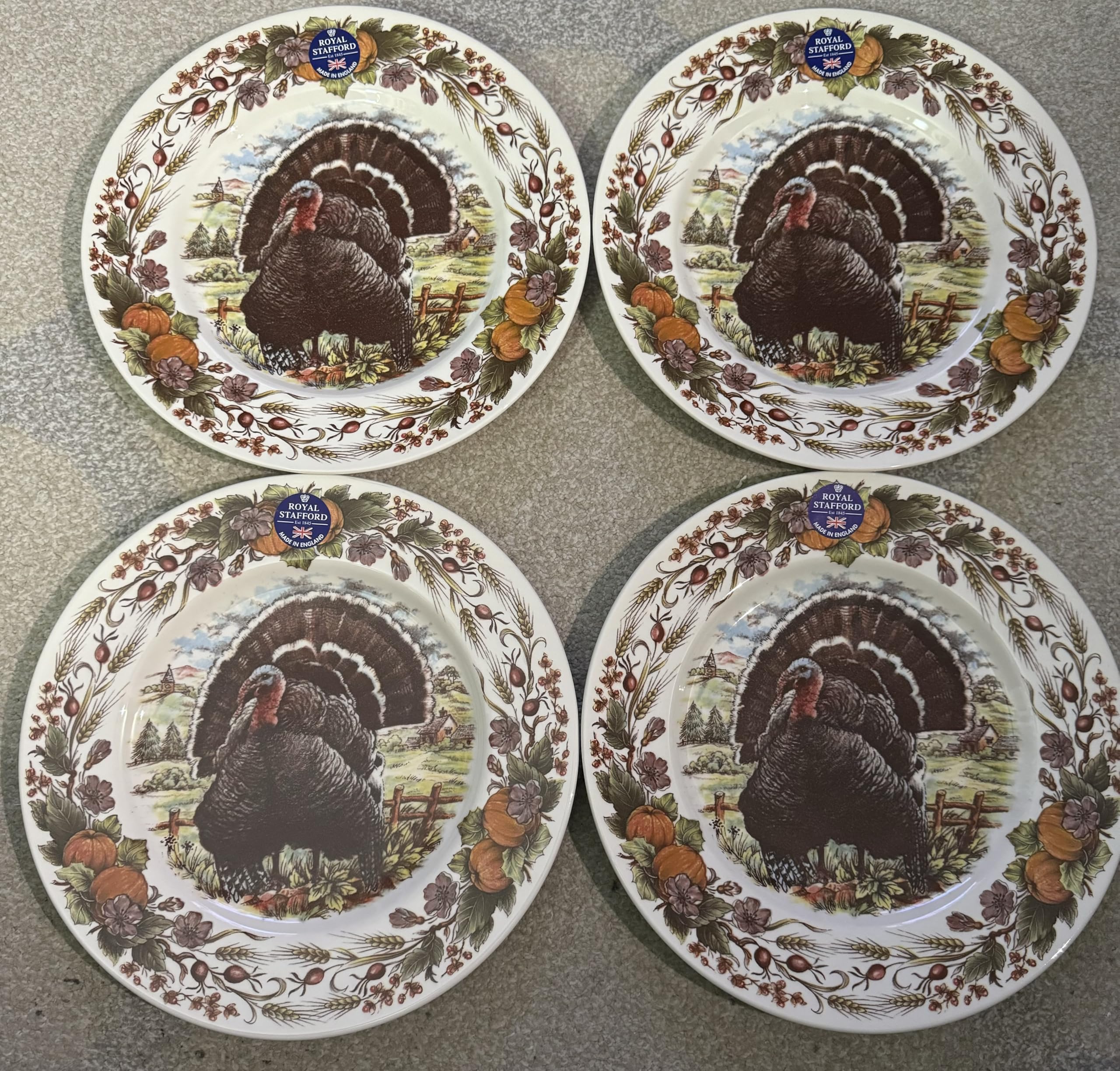 Royal Stafford Thanksgiving Turkey Dinner Plates, Set of 4, Floral border, Made in England