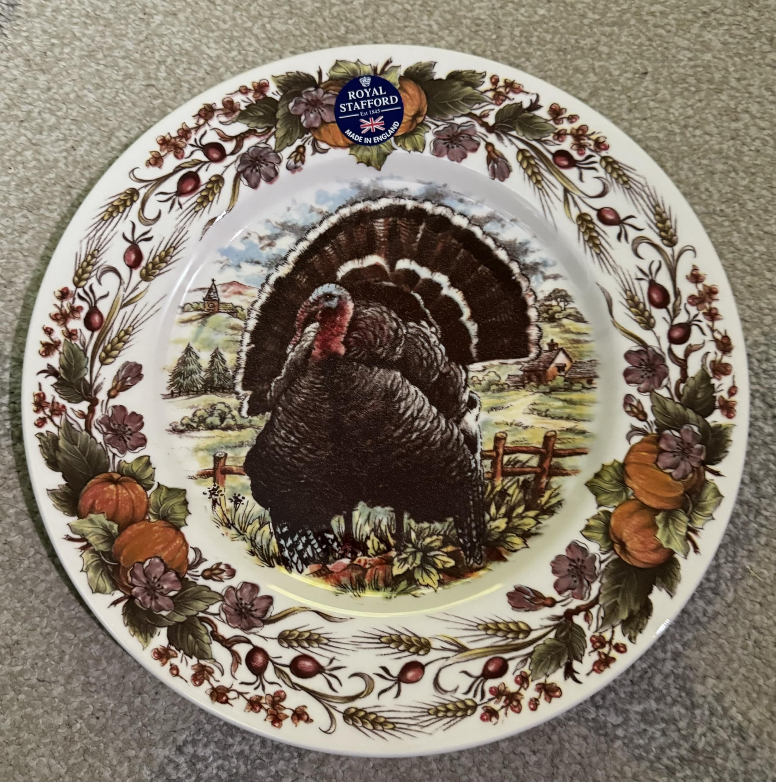 Royal Stafford Thanksgiving Turkey Dinner Plates, Set of 4, Floral border, Made in England
