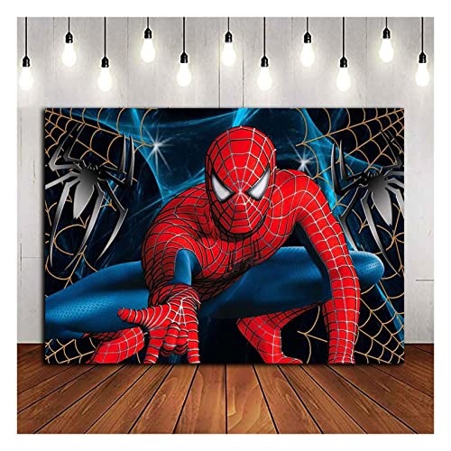 Spiderman Photography Backdrops Red Superhero Photo Background for Baby Shower Kids Happy Birthday Spiderman Decoration Cake Table Banner 5x3ft