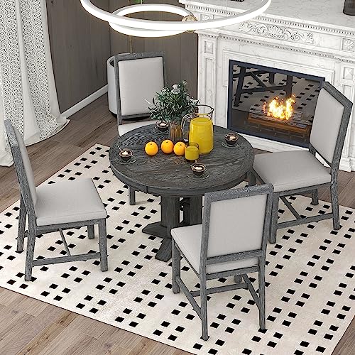Dinehome 5-Piece Wood Round Extendable Table Set for 4 with Four Upholstered Chairs, for Dining Room, Black