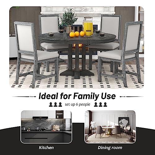 Dinehome 5-Piece Wood Round Extendable Table Set for 4 with Four Upholstered Chairs, for Dining Room, Black