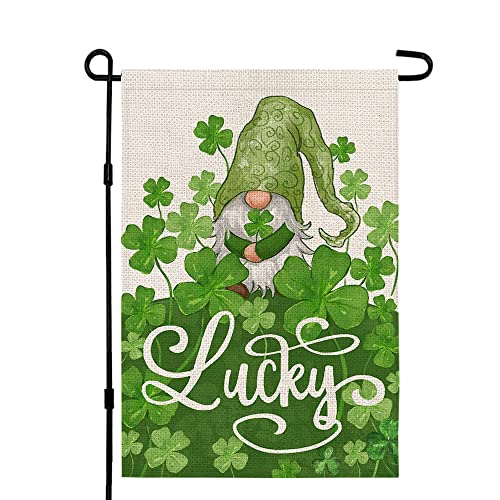 CROWNED BEAUTY St Patricks Day Garden Flag 12Ć18 Inch Double Sided Gnome Green Shamrocks Clovers Lucky Outside Vertical Holiday Yard Decor