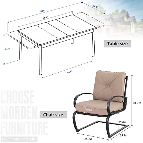 MFSTUDIO 7PCS Outdoor Patio Dining Set, 6 Spring Motion Chairs with Cushion, 1 Rectangular Expandable Table, Porch Lawn Backyard Garden Furniture Sets, Beige