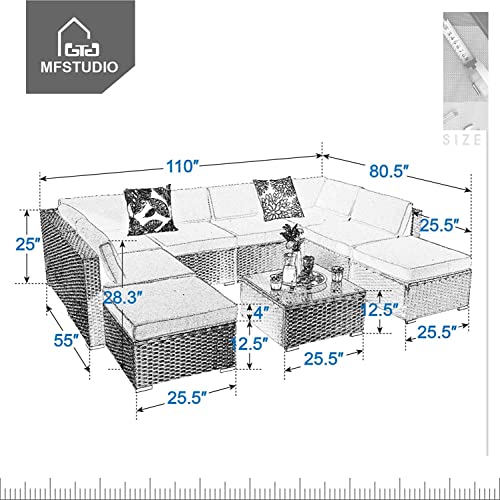 MFSTUDIO 9 Piece Patio Furniture Set,Outdoor Sectional Sofa Conversation Set with Upgrade Brown Rattan Wicker,Blue Removable Cushion&Coffee Table,Low Back Design