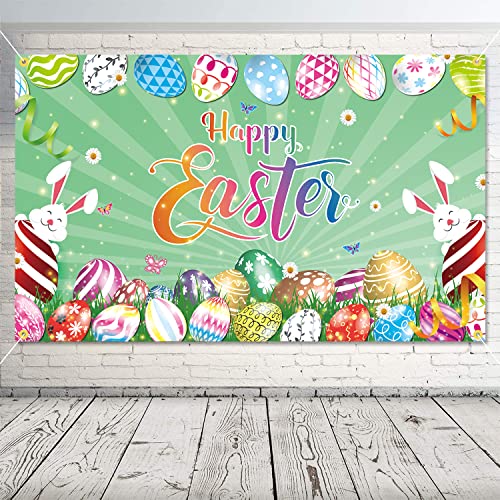 JOZON Happy Easter Backdrop Banner 71 x 43 Inch Large Size Easter Colorful Eggs Background Banner with Easter Eggs Bunny Easter Hunt Game Party Decorations Spring Easter Photo Booth Props