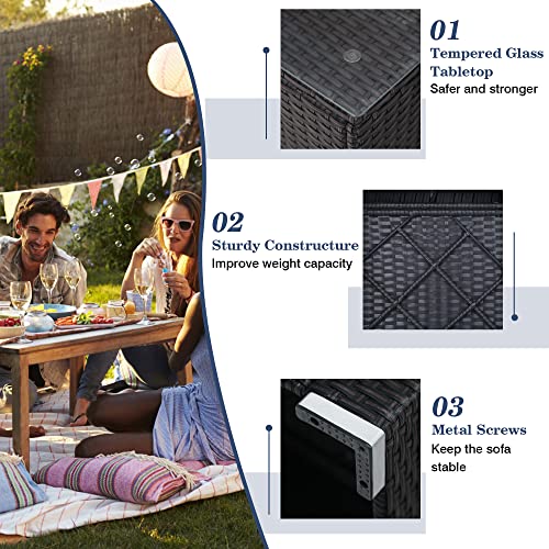 MFSTUDIO 9 Piece Patio Furniture Set,Outdoor Sectional Sofa Conversation Set with Upgrade Brown Rattan Wicker,Blue Removable Cushion&Coffee Table,Low Back Design