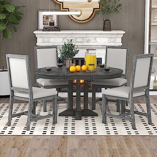 Dinehome 5-Piece Wood Round Extendable Table Set for 4 with Four Upholstered Chairs, for Dining Room, Black