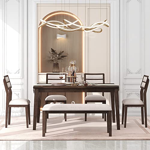 Goozio Piece, Wood Dining 4 Upholstered Chairs and Bench with Cushion, Classic Traditional Style Kitchen Table Set for 6 Person,Espresso