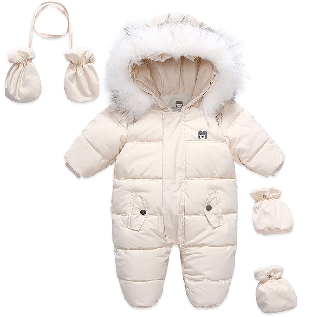 Baby Fleece Lined Outerwear Warm Winter Snow Wear Long Sleeve Snug Snowsuit Outfits for 12-18 Months Baby White