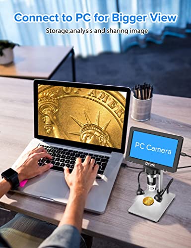 7'' Digital Microscope 1200X,Dcorn 12MP 1080P Photo/Video Microscope with 32GB TF Card for Adults Soldering Coins,Metal Stand,Wired Remote,10 LED Fill Lights,PC View,Windows/Mac Compatible