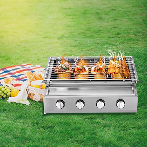 Fetcoi 4-Burner Outdoor Tabletop Propane Gas Grill, Stainless Steel Portable BBQ Grills Smokeless Griddle Barbecue Grill Table for Camping Picnics Garden Beach Party