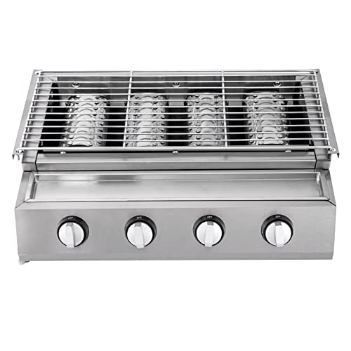 Fetcoi 4-Burner Outdoor Tabletop Propane Gas Grill, Stainless Steel Portable BBQ Grills Smokeless Griddle Barbecue Grill Table for Camping Picnics Garden Beach Party
