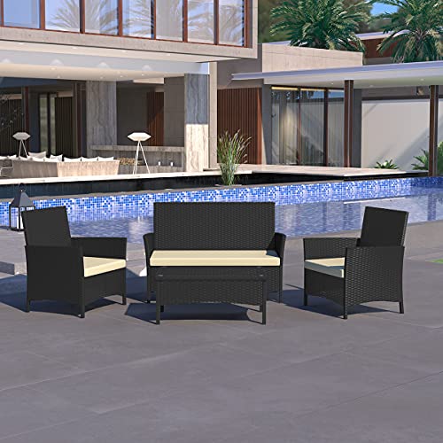 IDS Online MLM-17240 1 Loveseat 2 Single Chairs Cushion, Leisure Glass Top Coffee Table for Garden Lawn Poolside Backyard 4 Piece Rattan Pattio Outdoor Furniture Wicker Conversation Set, Black-White