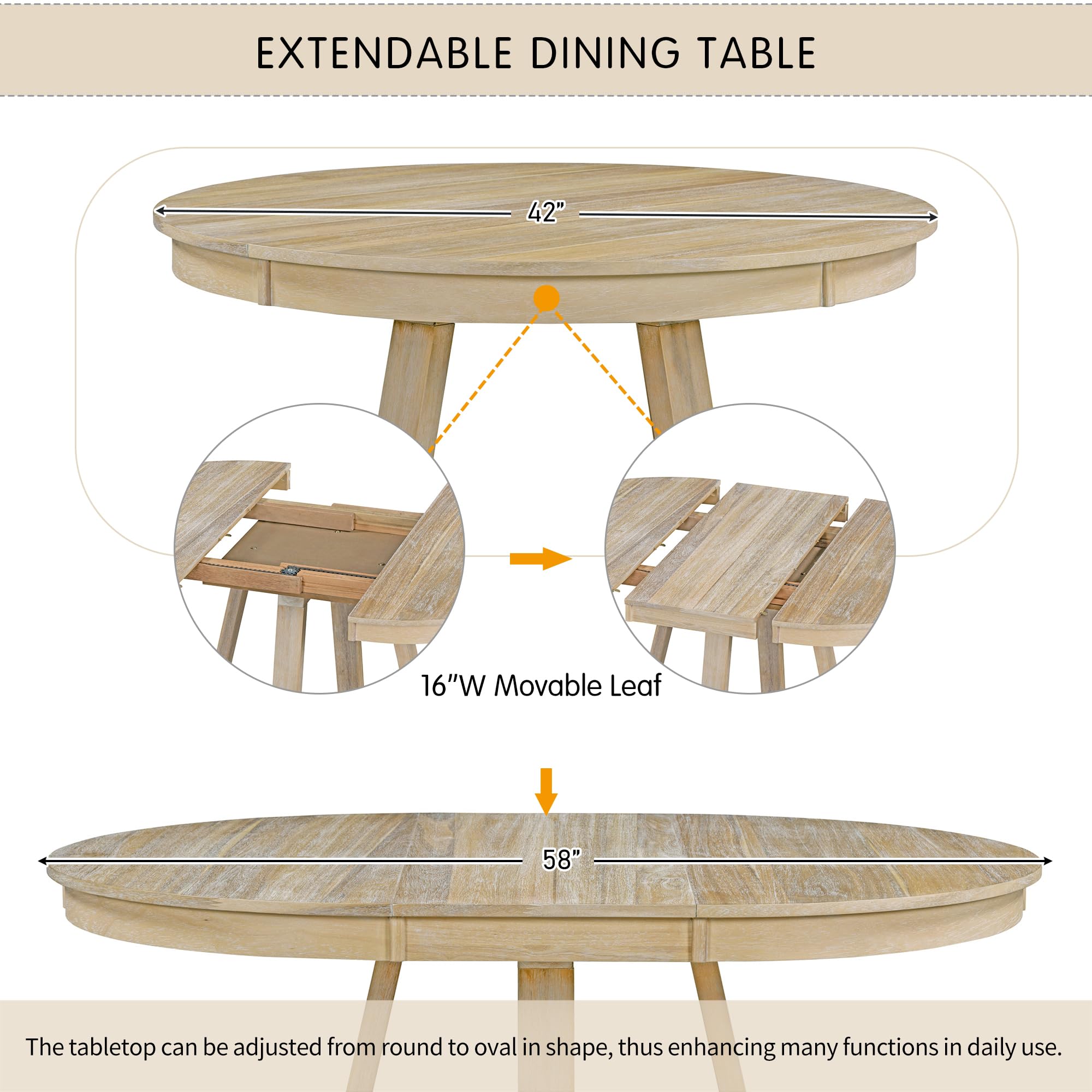 Lifeand 5-Piece Retro Functional Set, Round Table with a 16" w Leaf and 4 Upholstered Chairs for Dining Living Room,Natural
