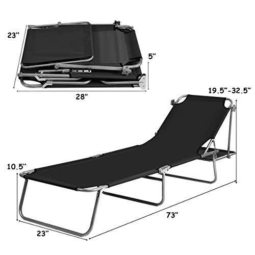 GYMAX Lounge Chair, Folding Recliner Patio Chair for Outdoor Patio Garden Beach Pool with Adjustable Reclining Positions, Sun Shade (Black)