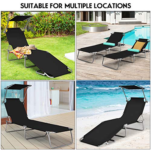 GYMAX Lounge Chair, Folding Recliner Patio Chair for Outdoor Patio Garden Beach Pool with Adjustable Reclining Positions, Sun Shade (Black)