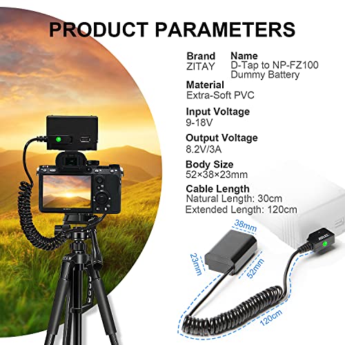 ZITAY D-tap to NP-FZ100 Dummy Battery Coiled Power Cable Cord Adapter Compatible for Sony Alpha 1 Alpha A7III A7R III A9 A7R IV Alpha 9 II A9R A9S A7R3 A7S3 FX3 Camera