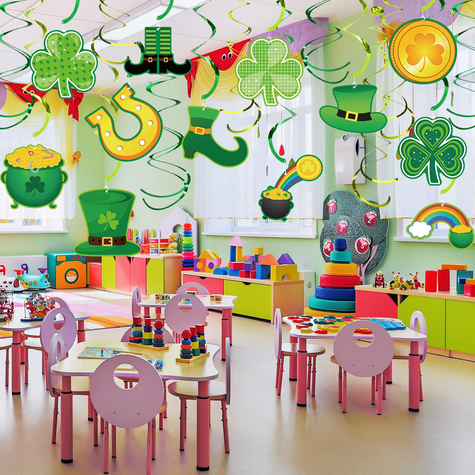 St Patricks Day Decorations Hanging Swirls Shamrock Clover Leprechaun Horseshoe Ceiling Foil Swirls for Lucky Day Party Supplies 36Pcs