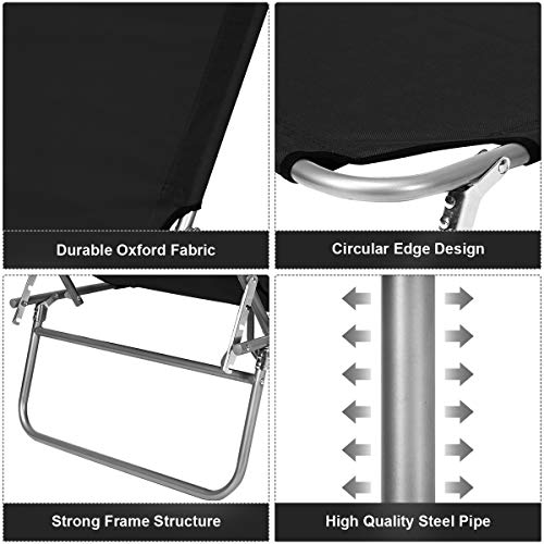 GYMAX Lounge Chair, Folding Recliner Patio Chair for Outdoor Patio Garden Beach Pool with Adjustable Reclining Positions, Sun Shade (Black)