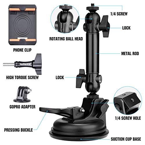 Heavy Duty Super Φ100mm Suction Cup + Adjustable Dual-Ball-Head Action Camera Dash Cam Phone Car Mount Windscreen Window Cockpit Holder for GoPro insta360 iPhone Hi-Speed Video Recording (1.5kg Load)