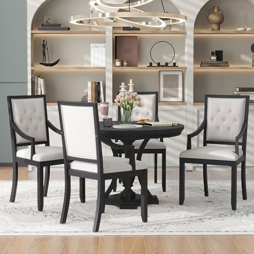 MengK Retro 5-Piece Dining Set Extendable Round Table and 4 Chairs for Kitchen Dining Room (Black Oak)